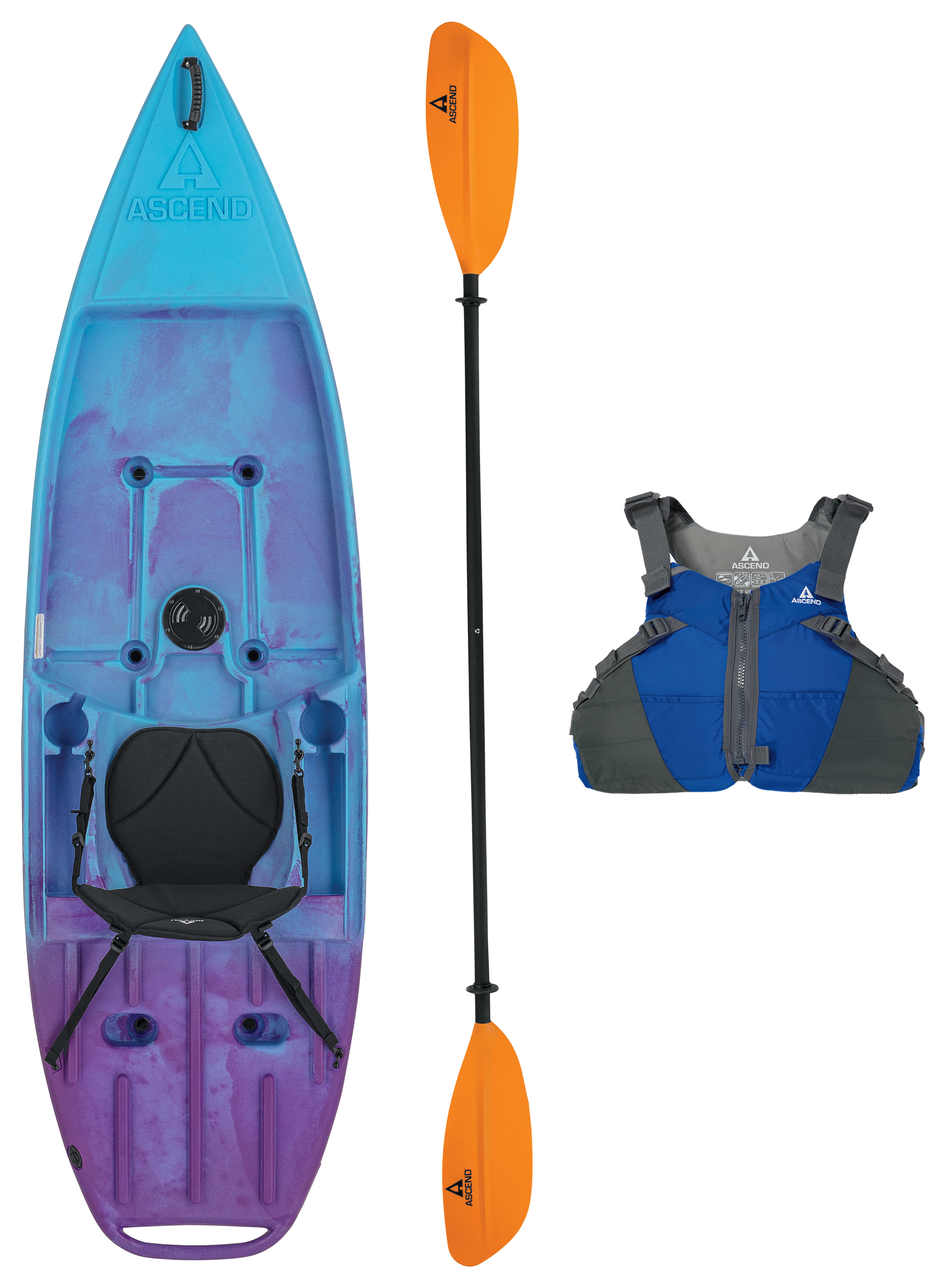 Ascend 9R Sport Blue/Purple Sit-On-Top Kayak, Paddle, and Life Jacket ...
